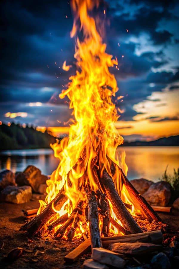 Vertical Shot of Beautiful Burning Flames at Night Stock Illustration ...