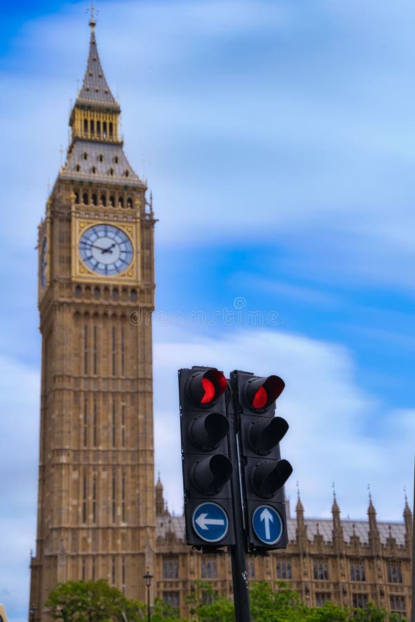 Vertical Shot of the Big Ben with a Traffic Light Pole Stock Image ...