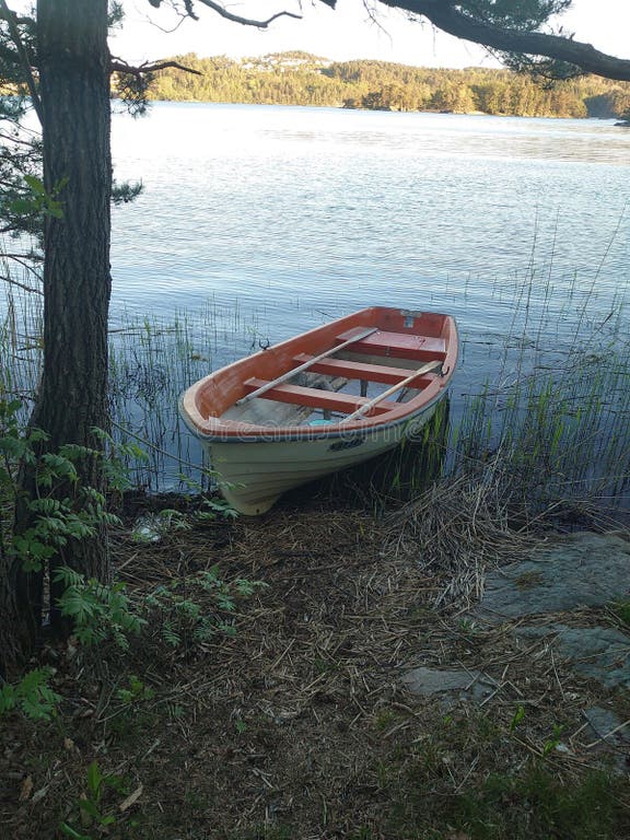 Vertical Shot of a Boat on the Coast of a Lake Stock Image - Image of ...