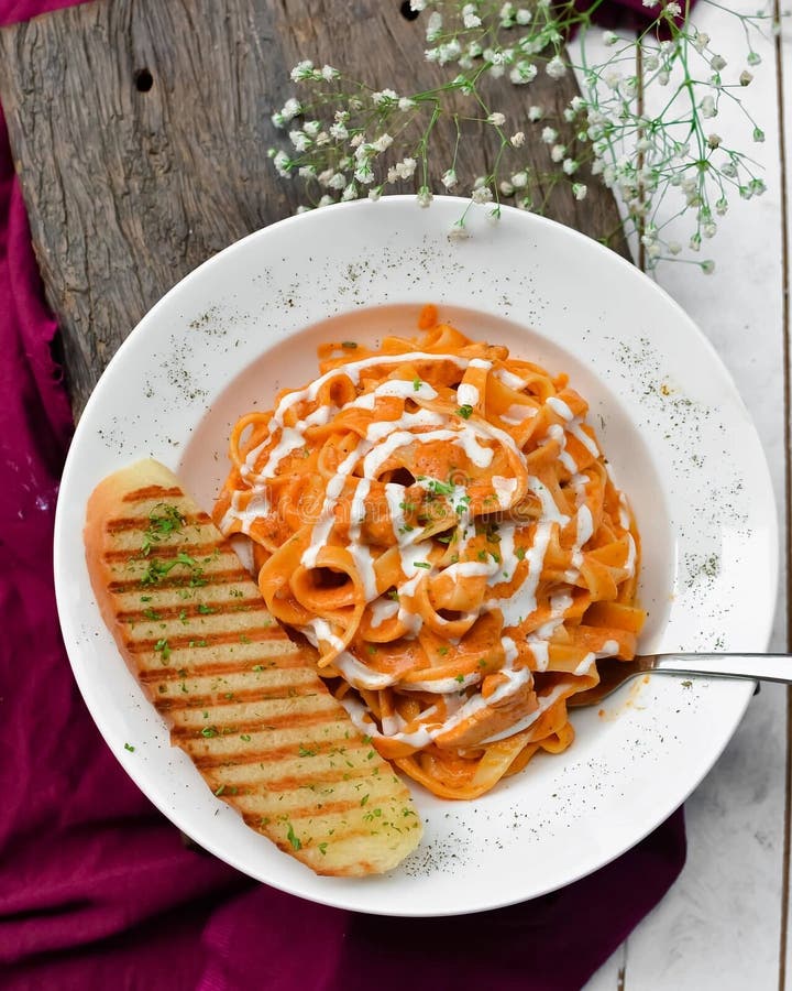 Vertical Shot of a Bowl of Delicious Vodka Pasta with Toasted Bread on ...