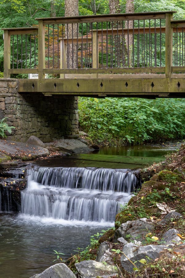 Vertical Shot of a Bridge Over a Waterfall River in a Japanese Garden ...