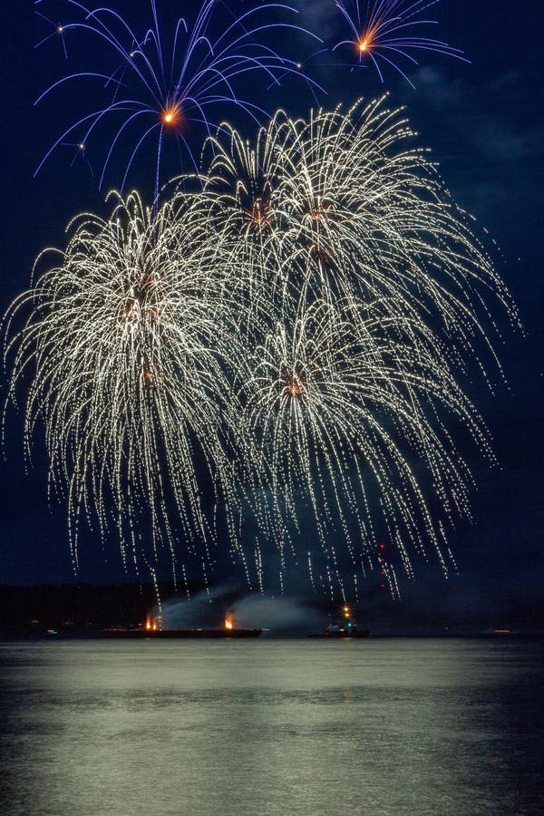 Vertical Shot of Bright Blue and White Fireworks Display Over the Water ...