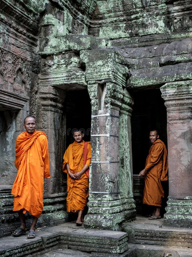 Vertical Shot of Buddhist Monks at Ankor Wat Temples Editorial ...