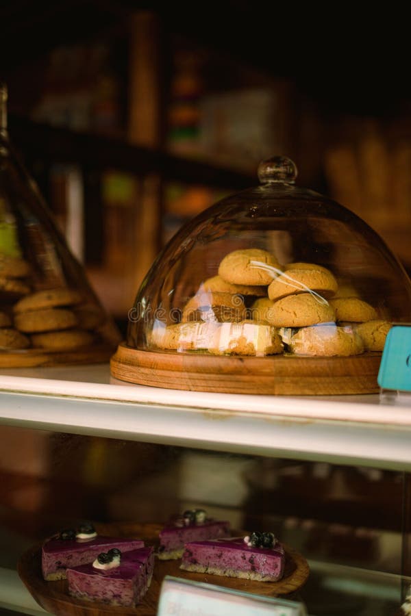 Vertical Shot of a Cafe Showcase with Biscuits and Cheesecakes. Stock ...