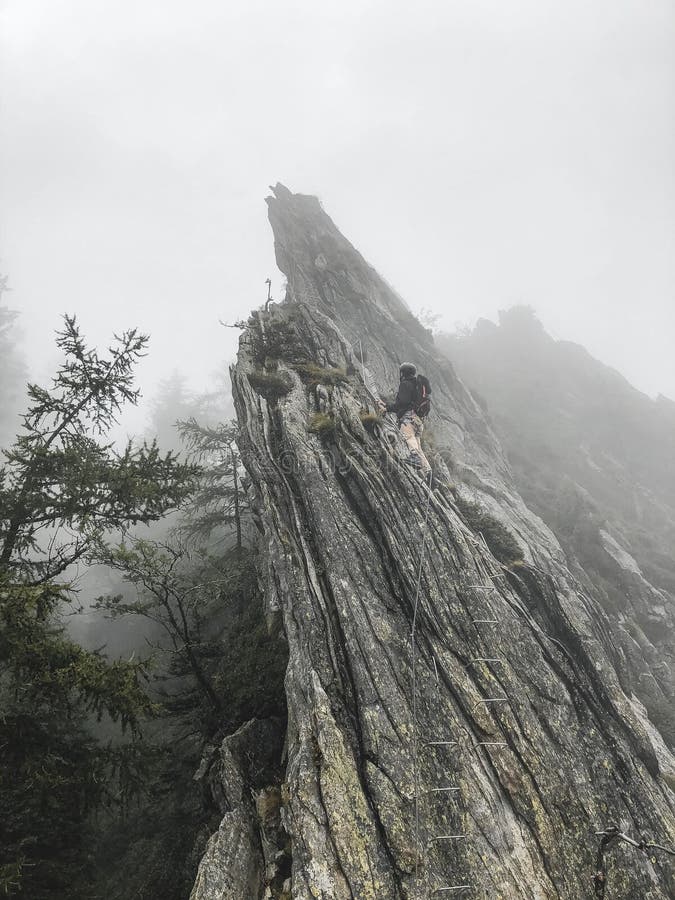 Vertical Shot of a Climber on the Fixed Rope Route on a Cloudy Day ...