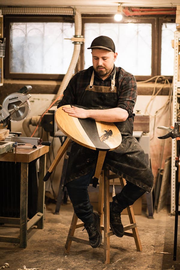 Vertical Shot of Confident Bearded Carpenter in Woodworking Process ...