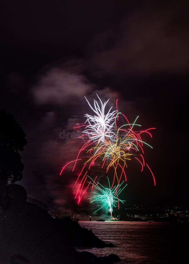 Vertical Shot of Dazzling Firework Explosions Over the Harbor at Night ...