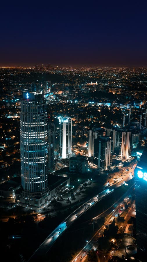 Vertical Shot of Downtown Istanbul at Night. View from a Drone ...