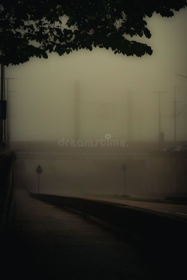Vertical Shot of an Empty Road and Bridge Hidden in a Mist Stock Photo ...