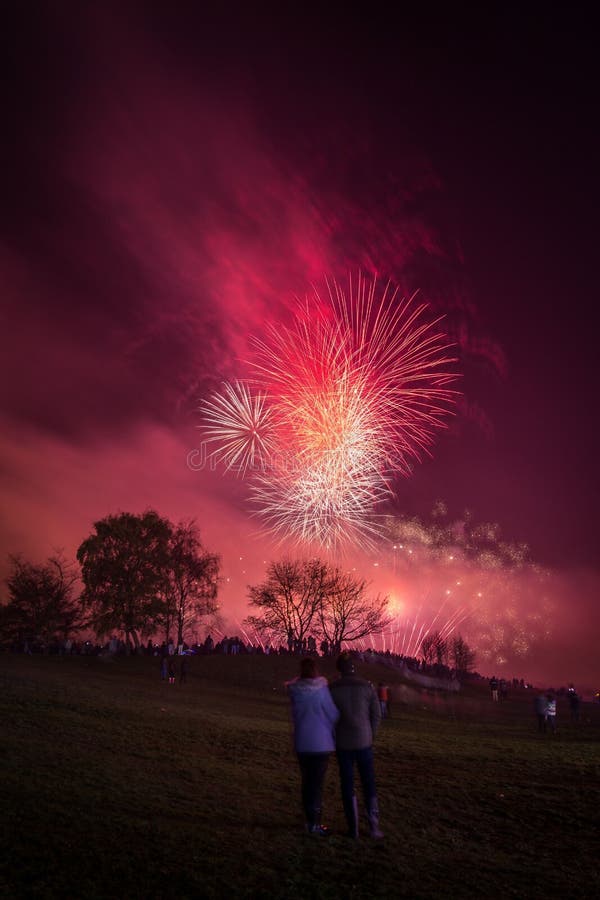 Vertical Shot of Exploding Colorful Fireworks in a Night Sky Over ...
