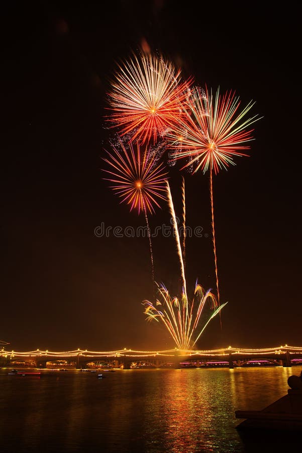 Vertical Shot of the Exploding Colorful Fireworks Over the Lake Shore ... Vertical Shot of the Exploding Colorful Fireworks Over the Lake Shore ...