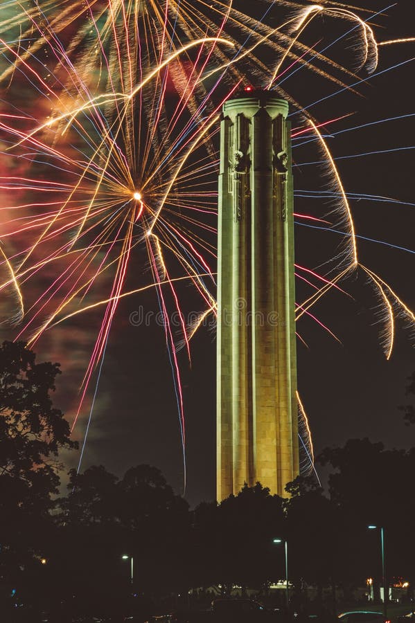 Vertical Shot of Exploding Fireworks Over the National WWI Memorial in ...