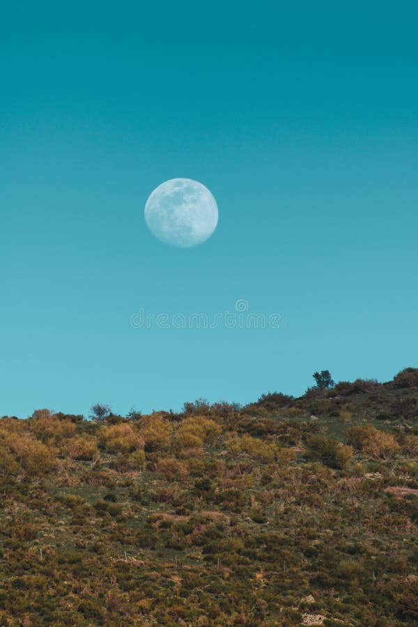 Vertical Shot of a Full Moon on a Blue Sky Above a Hill at Daytime ...