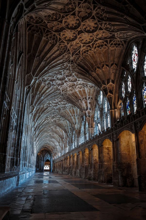 Vertical Shot of the Gloucester Cathedral Cloisters with Gothic ...