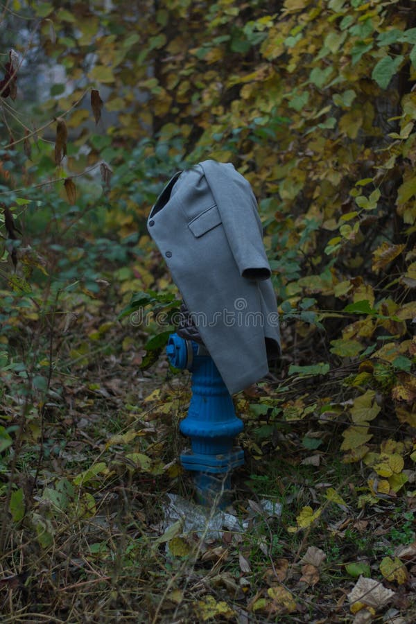 Vertical Shot of a Gray Coat Placed on a Blue Rustic Fire Hydrant in a ...
