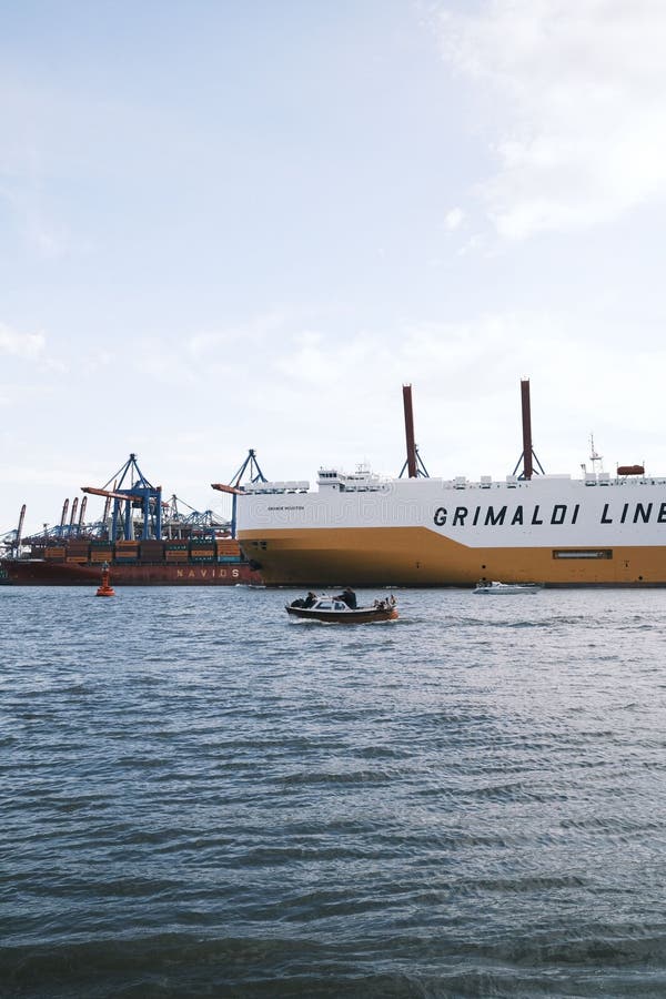 Vertical Shot of the Grimaldi Line Cargo Ship on the Waters of the Port ...