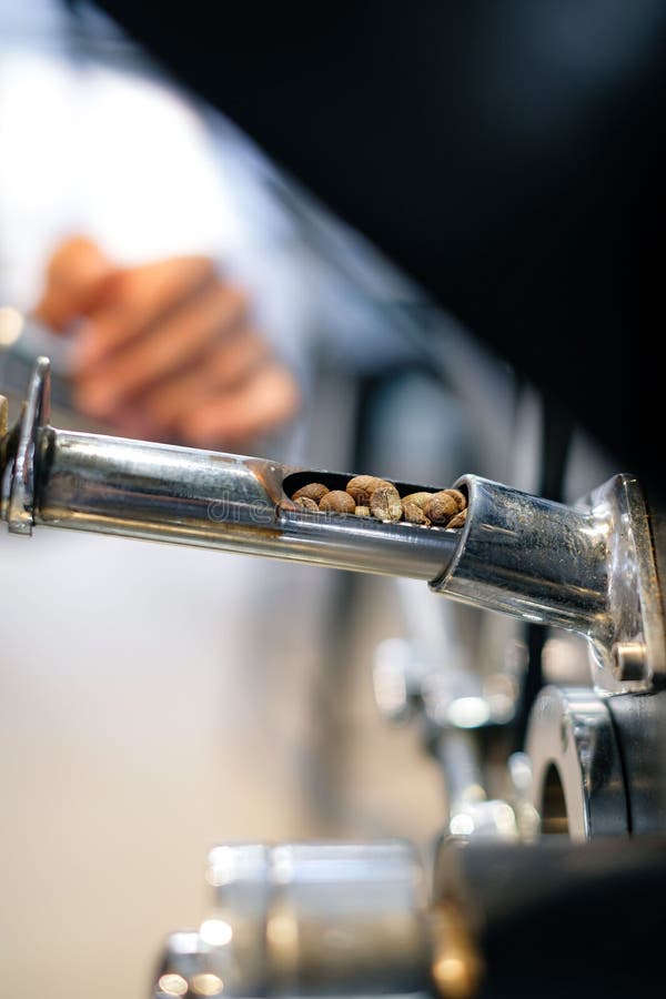 Vertical Shot of a Hand Holding a Thin Coffee Roaster with Beans Inside ...