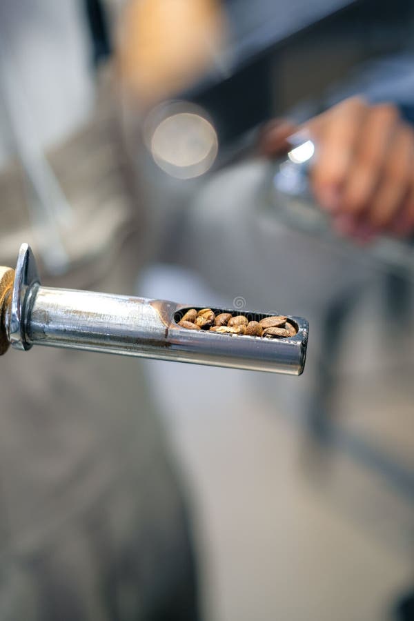 Vertical Shot of a Hand Holding a Thin Coffee Roaster with Beans Inside ...