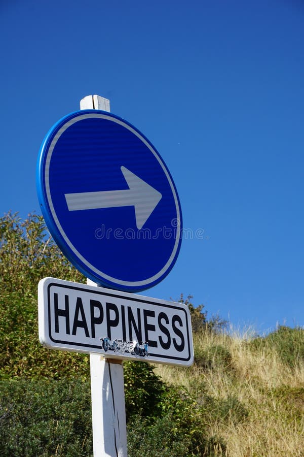 Vertical Shot of Happiness Sign with Right Arrow in the Nature Stock ...