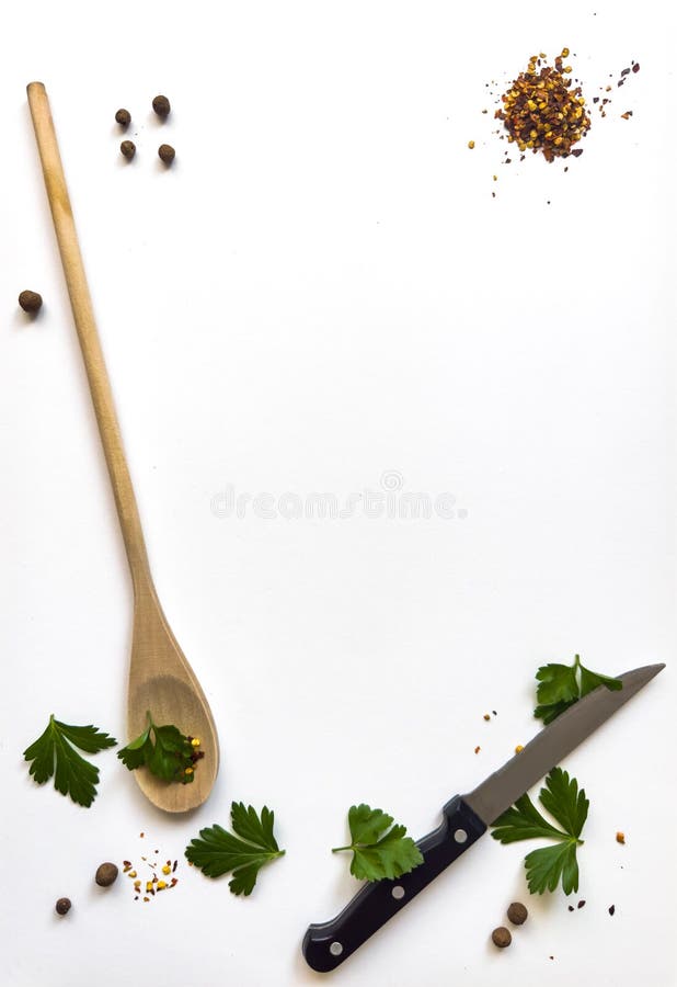 Vertical Shot of Herbs, Spices, and Kitchen Utensils Isolated on White ...