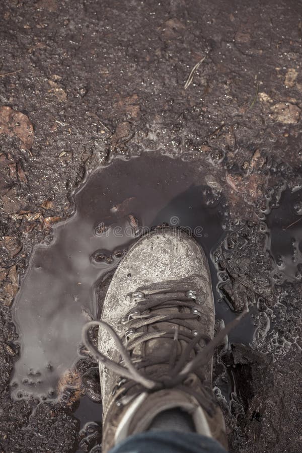 Vertical Shot of Hiking Boot Stepping into Mud Stock Photo - Image of ...