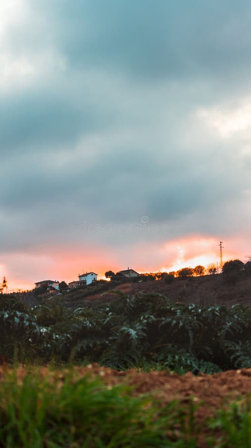 Vertical Shot of Houses in the Countryside at Sunset Stock Photo ...