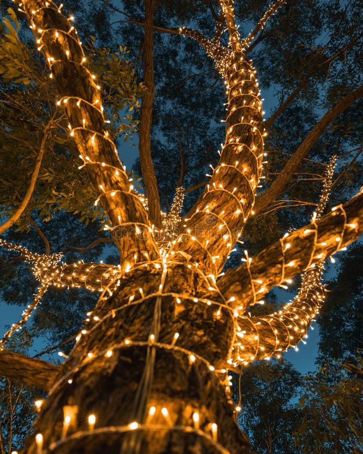 Vertical Shot of Illuminated Christmas Lights Wrapper Around a Tree ...