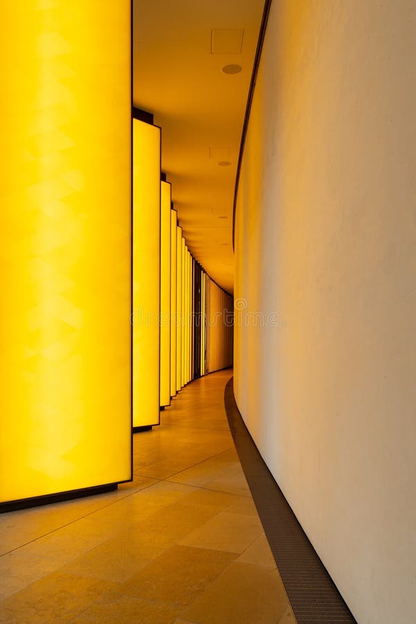 Vertical Shot of the Illuminated Narrow Hallway in a Modern Building ...