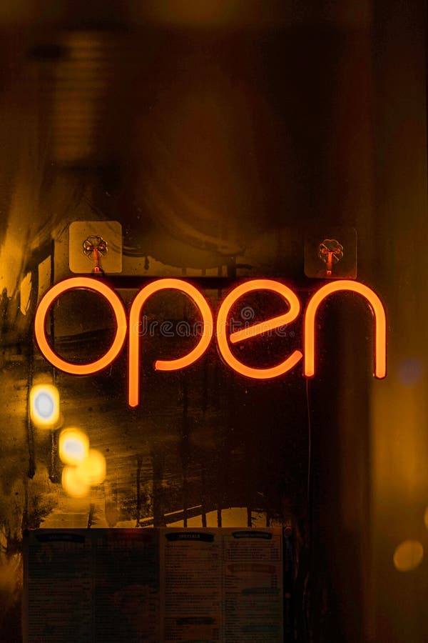 Vertical Shot of Illuminated "open" Sign Indoor Stock Image - Image of ...