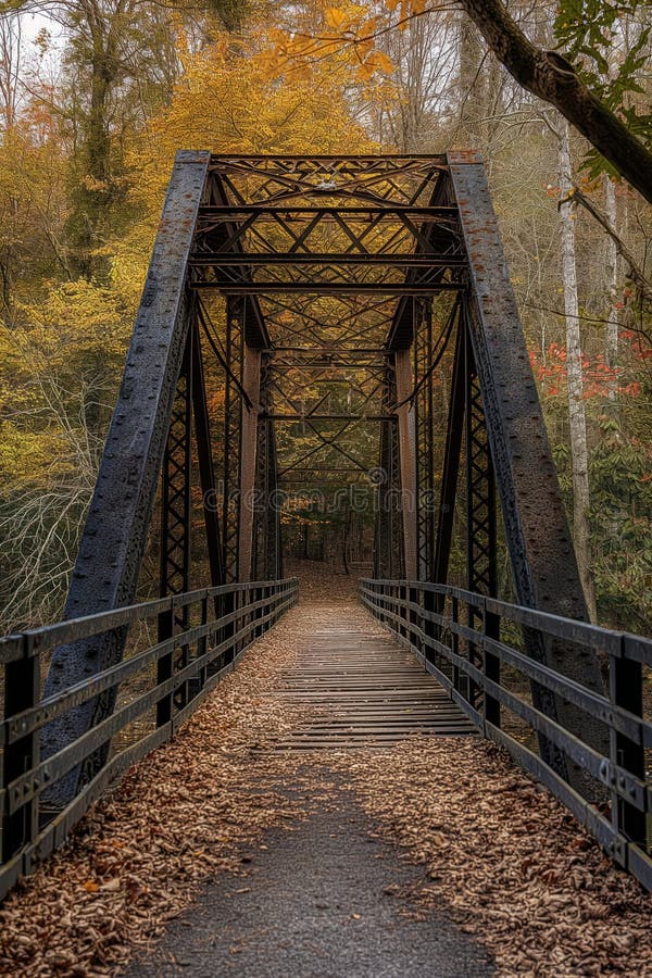 Vertical Shot of Iron Bridge in Forest during Fall. Dramatic Foliage ...