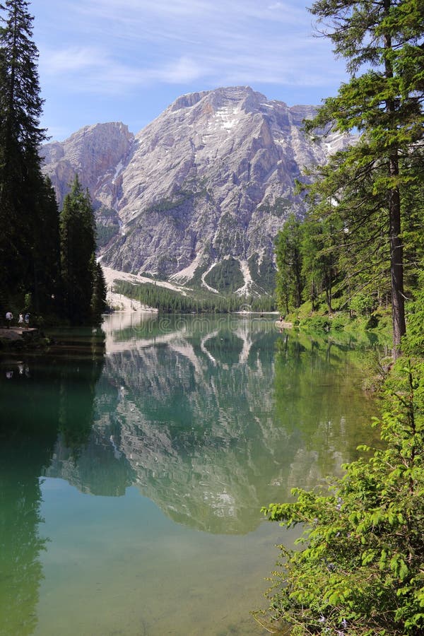 Vertical Shot of a Lake Prags Surrounded by Forest Mountains Stock ...