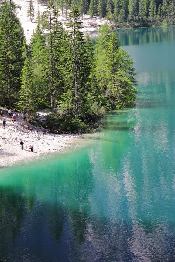 Vertical Shot of a Lake Prags Surrounded by Forest Mountains Stock ...