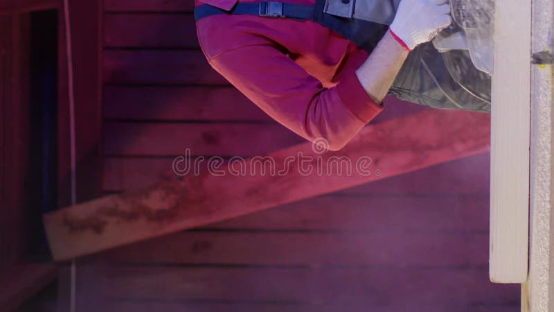 Vertical Shot Carpenter Cleans Surface of Wooden Beam with Electric ...