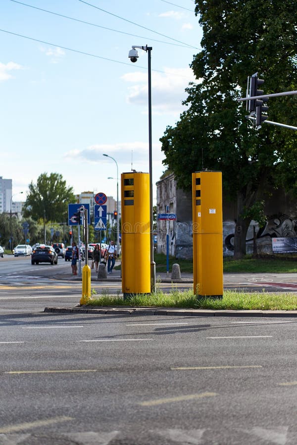 Vertical Shot of the Modern Yellow Speed Cameras on the Street Stock ...