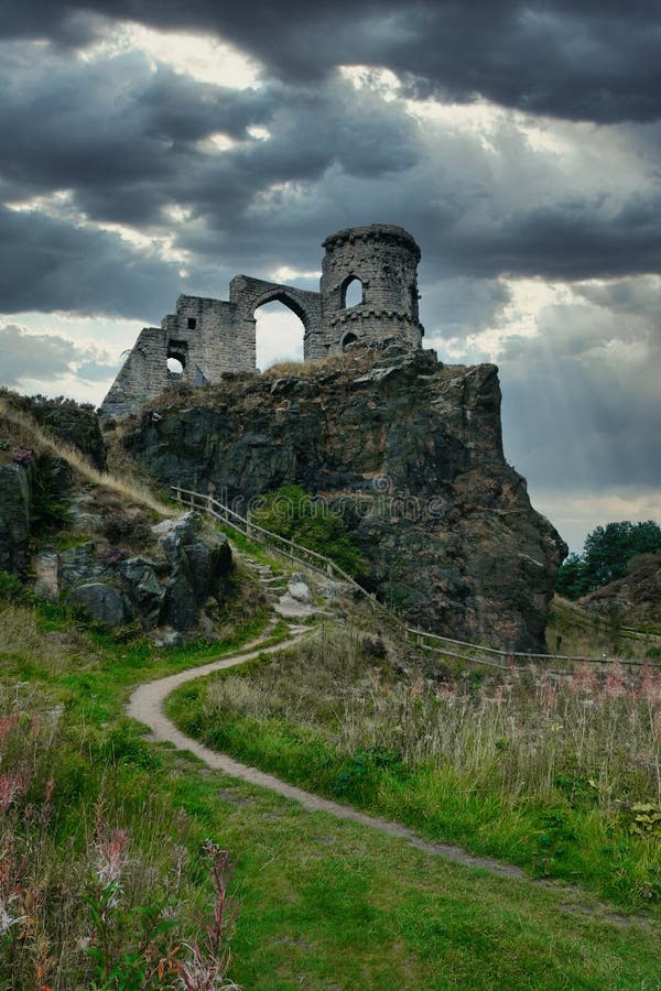 Vertical Shot of the Mow Cop Castle Under a Cloudy Sky in England, the ...