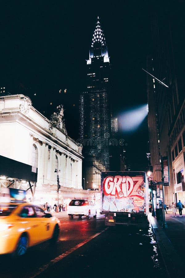 Vertical Shot of New York Street View at Night Editorial Image - Image ...