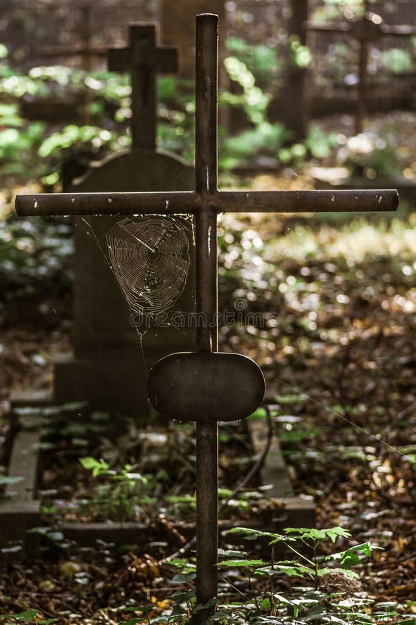 Vertical Shot of an Old Rusted Cross with a Spider Web on it in the ...