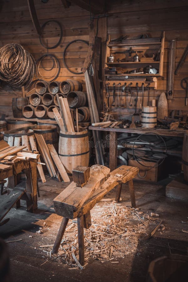 Vertical Shot of an Old Rustic Wood Workshop with Antique Tools Stock ...
