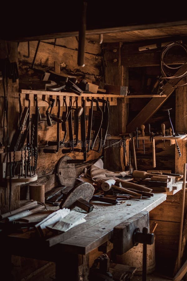 Vertical Shot of Old Tools of Carpenter Workshop on Wooden Table Stock ...