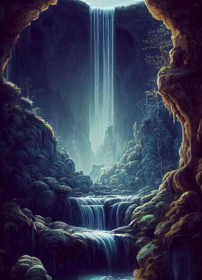 Vertical Shot of a Painting of Cave with Waterfall Stock Illustration ...