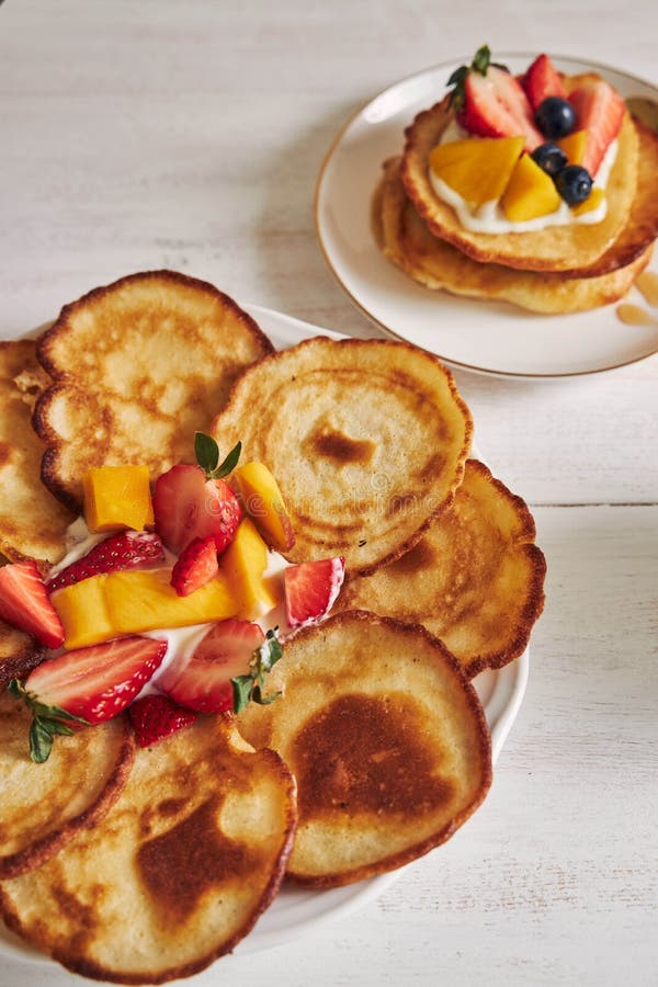 Vertical Shot of Pancakes with Fruits on the Top Stock Image - Image of ...