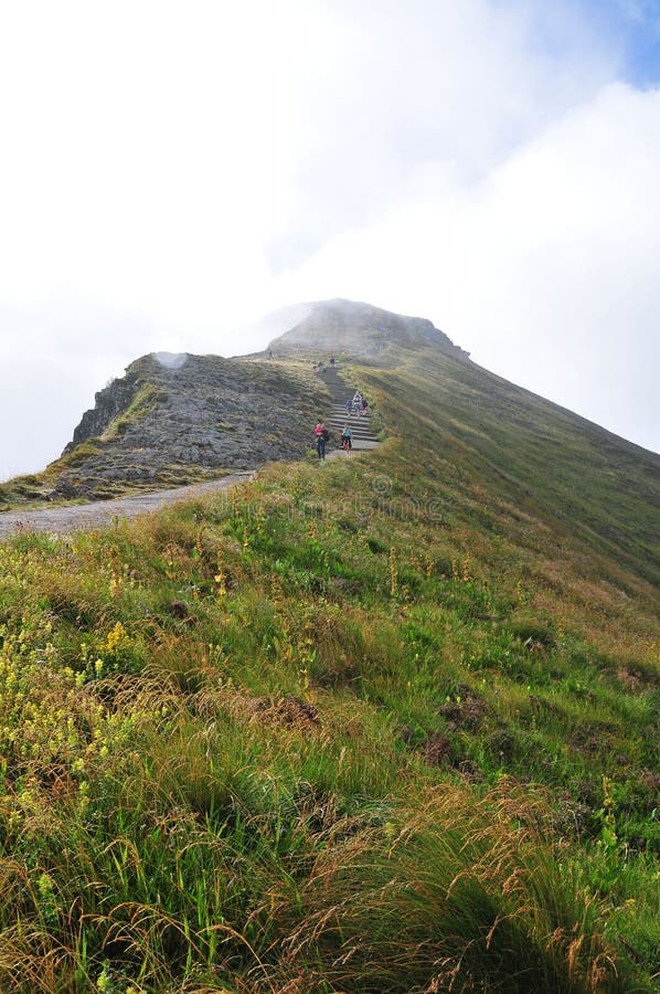 Vertical Shot of the People on a Footpath on a Green Hill. Stock Image ...