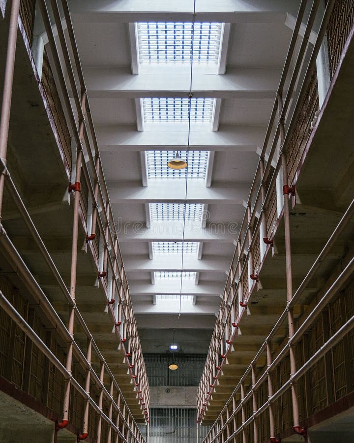 Vertical Shot of a Prison Interior with Cells and Lights Stock Image ...