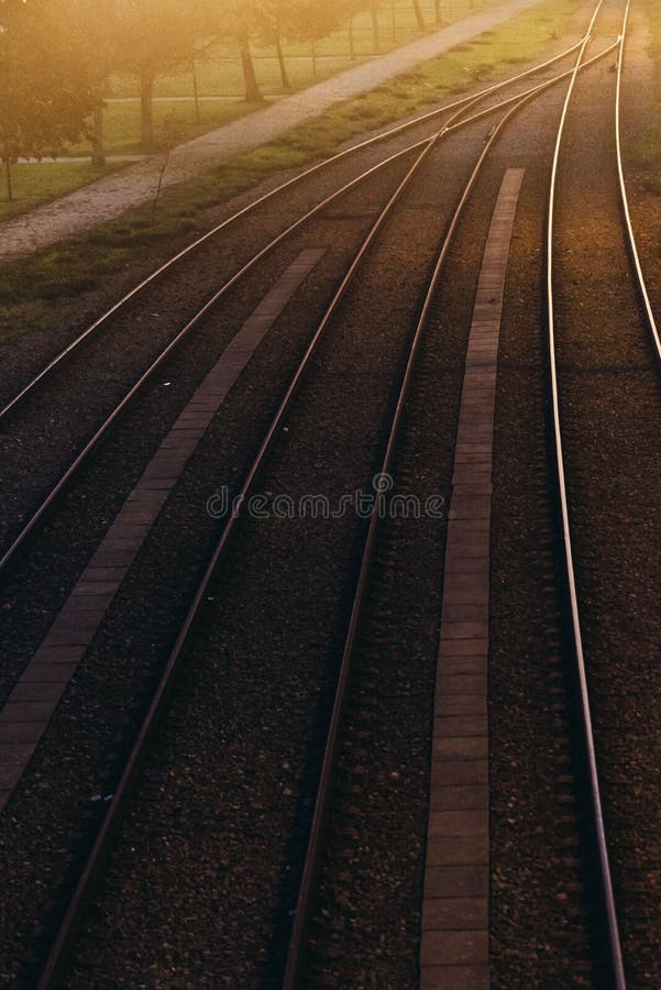 Vertical Shot of Railway Tracks at Sunset. Stock Photo - Image of ...