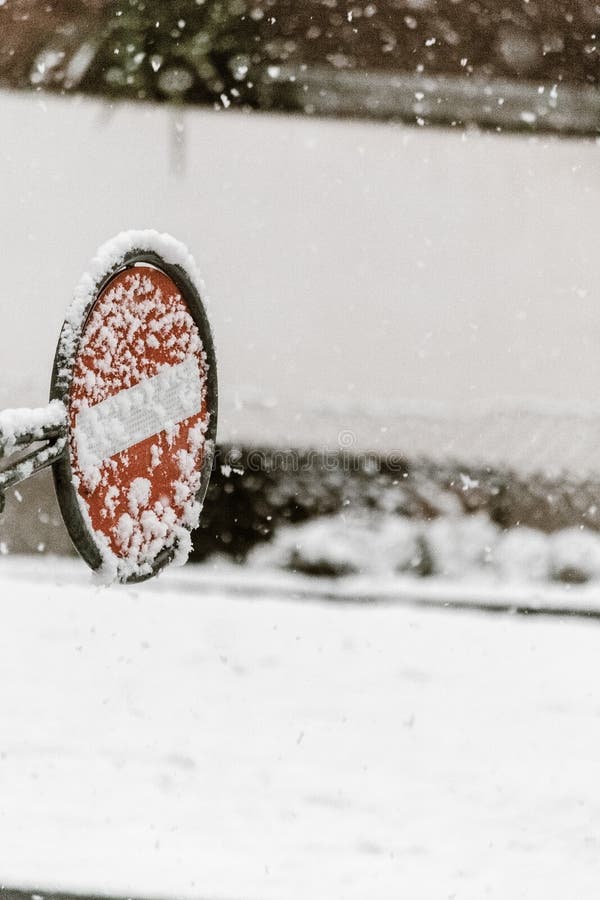 Vertical Shot of a Red Stop Traffic Sign Covered in Snow with a Blurred ...
