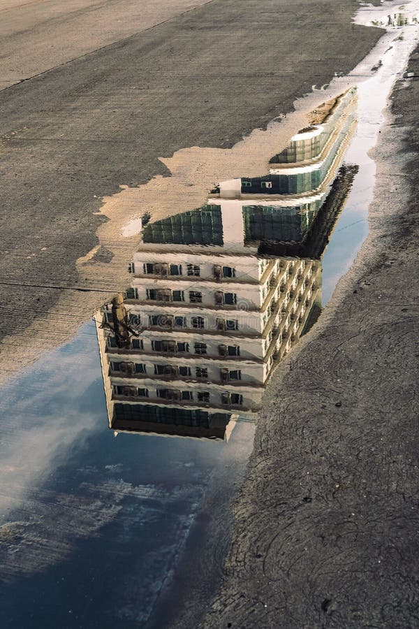 Vertical Shot of a Reflection of a Building in a Puddle on a Road in ...