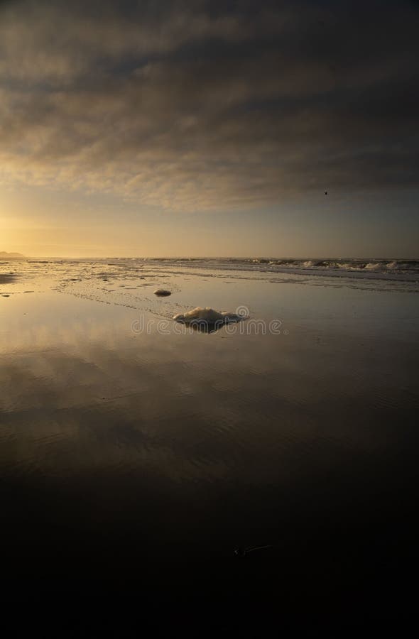 Vertical Shot of Reflective Shallow Waters of a Beach at Sunset Stock ...