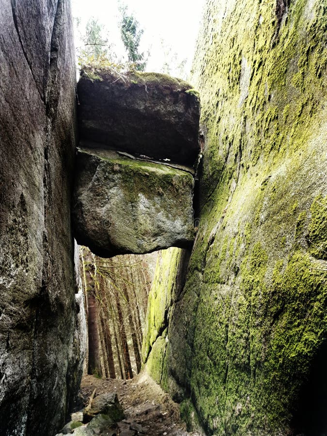 Vertical Shot of Rock Stuck between Two Cliffs in Larvik, Norway Stock ...