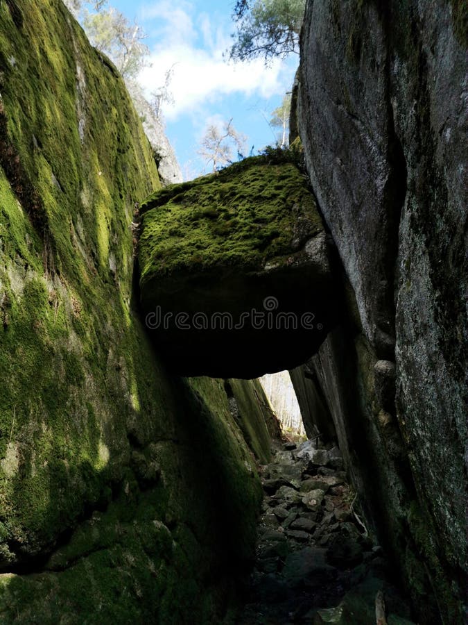 Vertical Shot of Rock Stuck between Two Cliffs in Larvik, Norway Stock ...