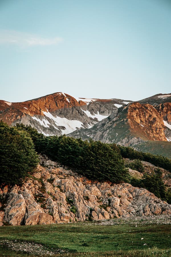Vertical Shot of Rocky Snowy Hills Covered in Greenery Under the ...